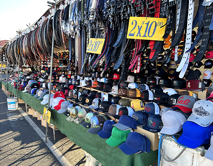 Hat heaven! A kaleidoscope of caps and belts awaits the fashion-forward bargain hunter. That perfect accessory is hiding somewhere in this colorful display.