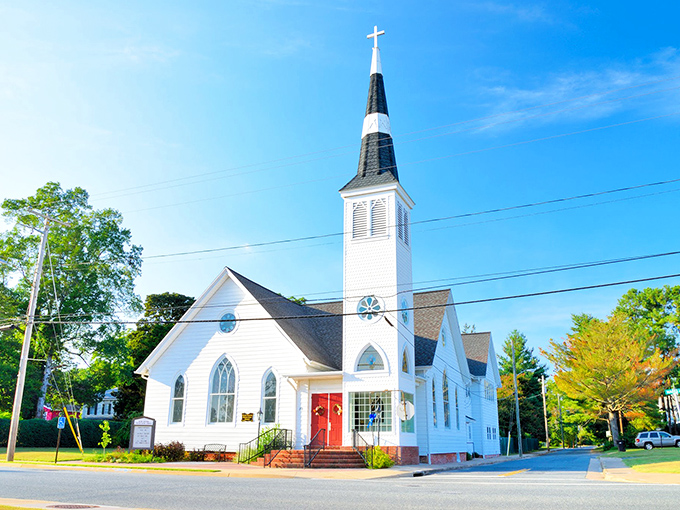 This pristine white church isn't just architectural eye candy&mdash;it's the spiritual heart of Onancock, standing tall against that impossibly blue Virginia sky.