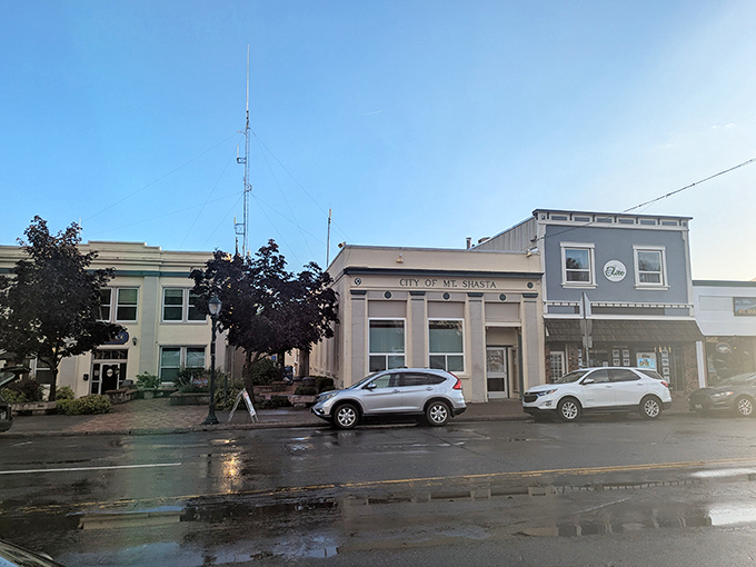 Downtown Mount Shasta's city hall stands proudly, where "rush hour" means three cars waiting at the town's only traffic light.