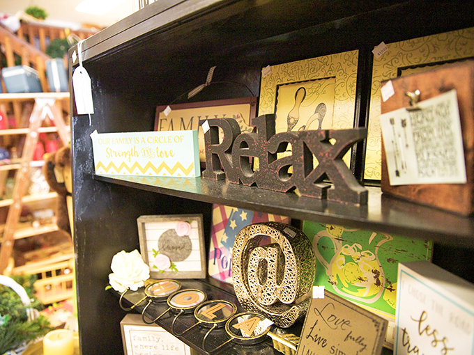 "Relax" indeed! These shelf displays perfectly capture the store's blend of nostalgia and modern farmhouse aesthetic. Your Instagram feed is already jealous.