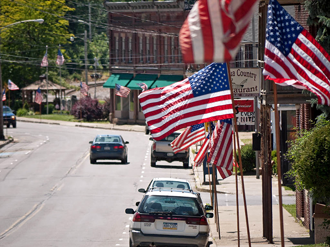 American flags flutter proudly along Mount Jewett's thoroughfare, where patriotism isn't just for holidays&mdash;it's woven into the town's everyday fabric.