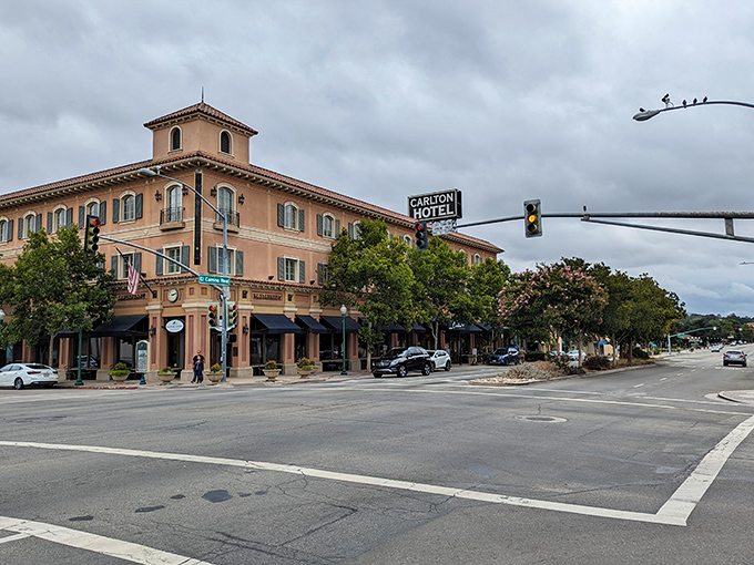 The Carlton Hotel brings Spanish Colonial elegance to Atascadero's main drag, a peachy-pink reminder that affordable California living can still come with style.