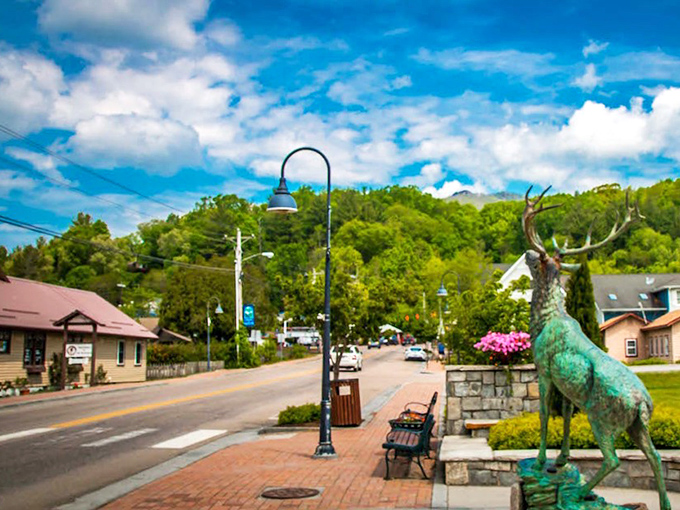 Downtown Banner Elk greets visitors with its signature elk statue, standing proudly as if to say, "Yes, we're literal about our town name."