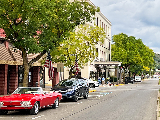 Classic cars and historic buildings create a downtown straight out of a time when "social media" meant chatting on park benches.