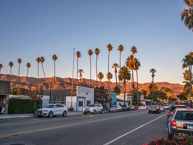 Palm trees stand sentinel against mountains painted sunset-gold, a daily light show that makes even routine errands feel like vacation moments.