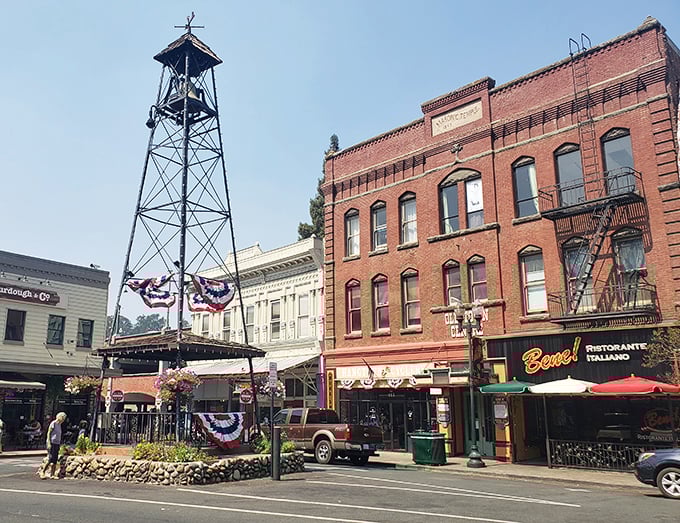 The iconic Bell Tower anchors Placerville's historic district, where brick buildings and Italian restaurants remind you that gold rush history pairs well with pasta.