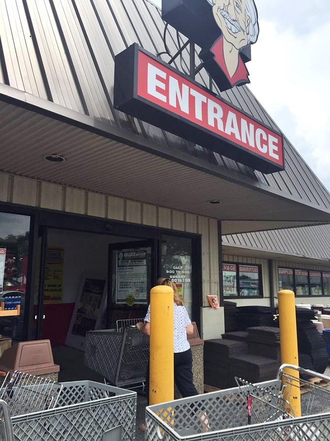 The entrance sign beckons shoppers like a siren call to sailors of savings, with shopping carts standing ready for treasure hunts.