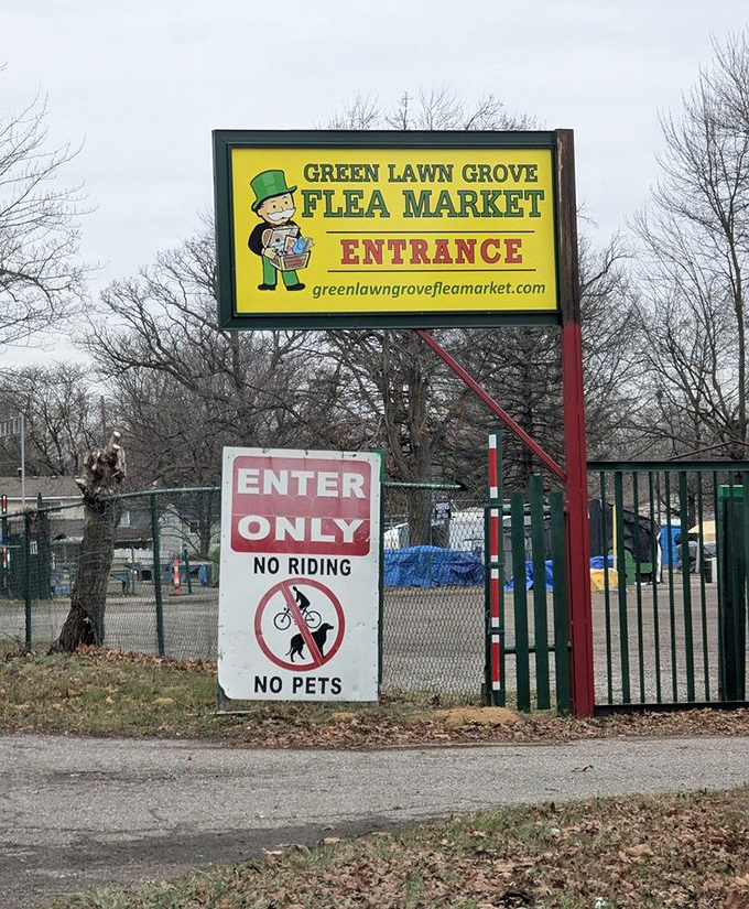 The cheerful leprechaun mascot welcomes bargain hunters to his kingdom of castoffs and collectibles. No pets allowed in this treasure trove!