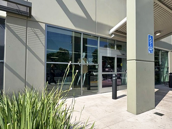 Clean lines and modern design &ndash; not your grandmother's thrift store. This entrance promises organization and treasures without the musty smell of disappointment.