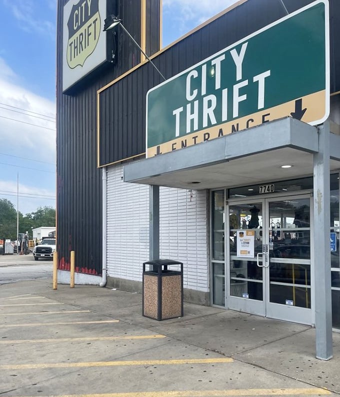 The gateway to thrifting nirvana. City Thrift's unassuming entrance belies the wonderland of secondhand treasures waiting just beyond those glass doors.