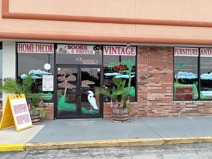 Florida-themed window art welcomes treasure hunters with a cheerful "NOW OPEN" sign that seems to perpetually invite the curious inside.