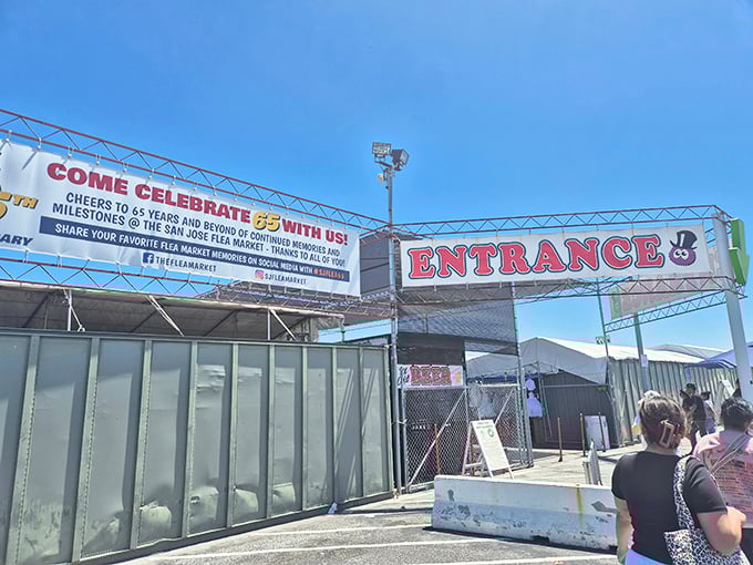 Gateway to bargain paradise! The entrance banner celebrates 65+ years of deal-making magic, beckoning shoppers with the promise of discoveries ahead.