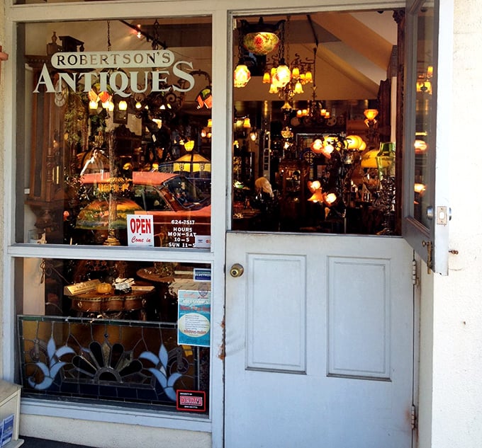 That half-open Dutch door practically whispers, "Come in, we've got stories to tell." The glow of vintage lamps creates an irresistible beacon for collectors.
