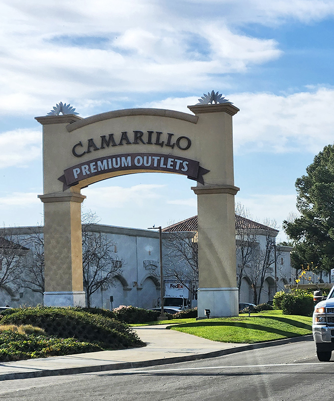 Standing tall against the blue California sky, this entrance arch is like the pearly gates for shoppers seeking retail salvation.