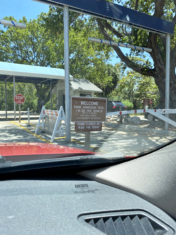 The entrance sign welcomes visitors with a modest $8 fee&mdash;possibly the best value in South Florida since the invention of air conditioning.
