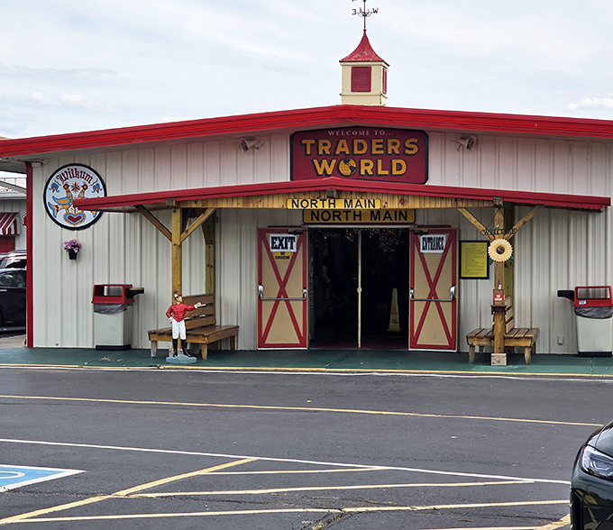 "Welcome to Traders World" indeed! The South Main entrance beckons with its barn-inspired architecture and promise of discoveries within.