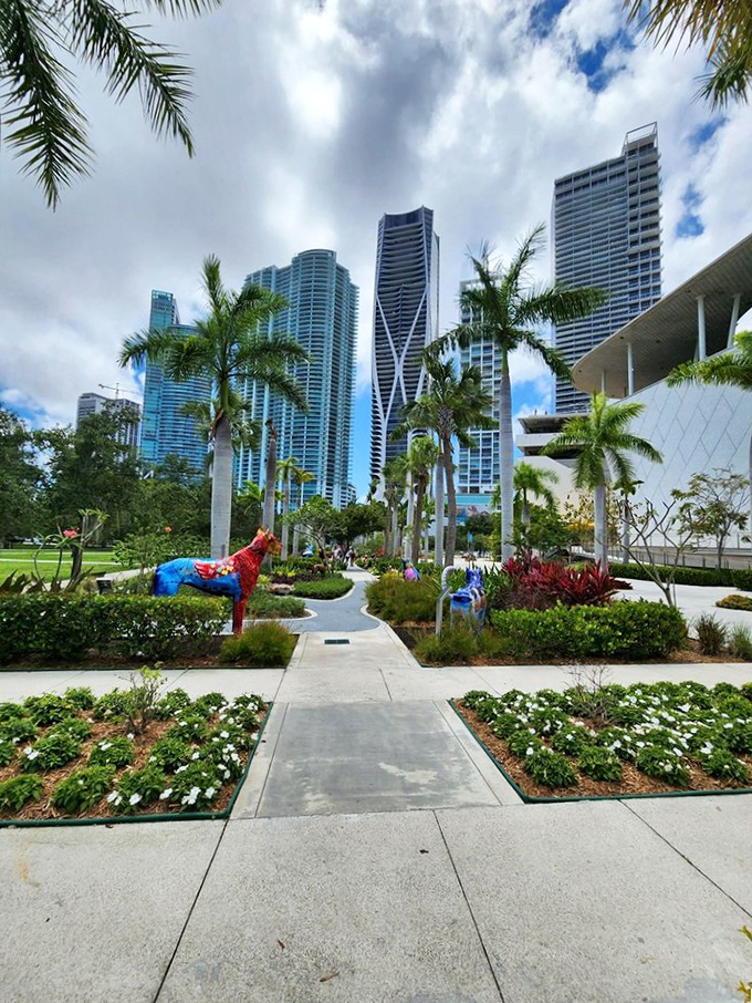 Where urban sophistication meets whimsical imagination. Miami's skyline creates the perfect backdrop for this colorful canine parade.
