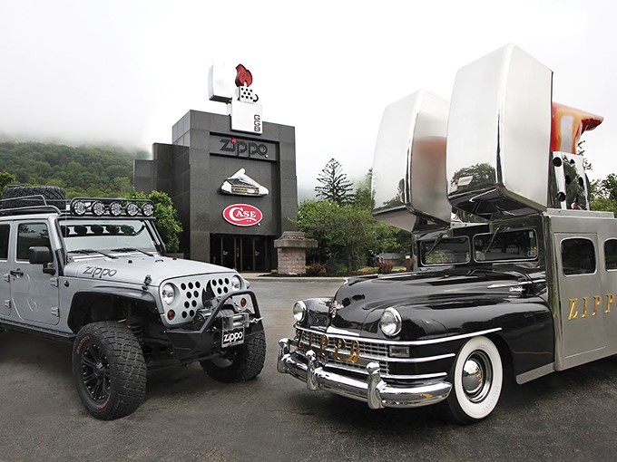 Classic American engineering meets showmanship with these custom Zippo vehicles. One's ready for off-roading, the other for a 1950s drive-in movie date.
