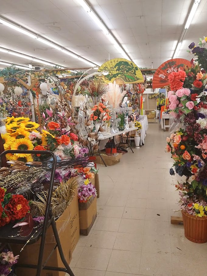 A kaleidoscope of artificial blooms that never wilt—where decorative fans and sunflowers create a year-round garden of possibilities.