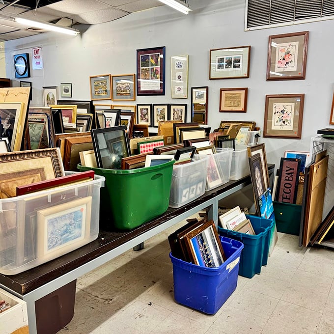 A treasure hunter's dream: frames upon frames waiting to elevate your forgotten photos or transform flea market art into conversation pieces worthy of your living room wall.