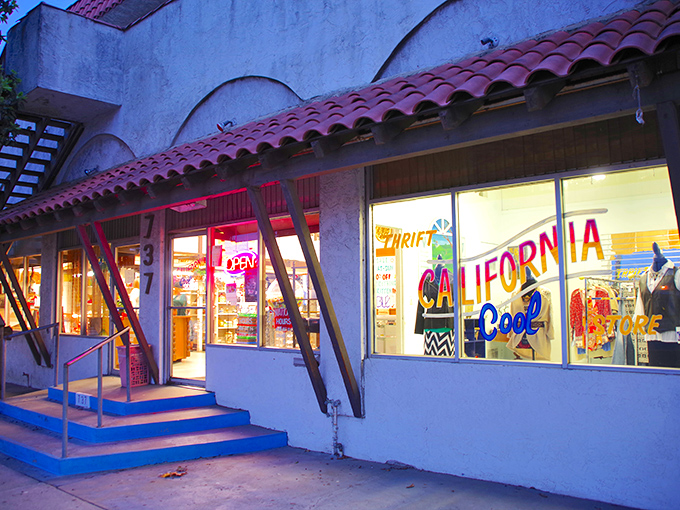 The evening glow transforms California Cool's entrance into something magical, as if saying "the treasures inside look even better at sunset."