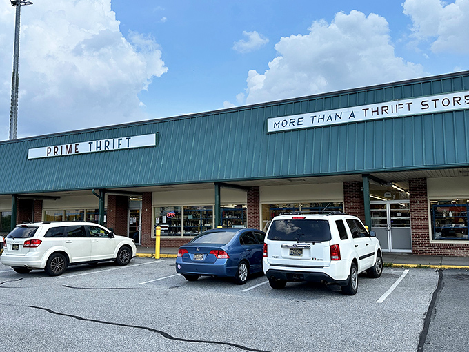 Morning sunshine illuminates the Thrift Center's fa&ccedil;ade, where Delaware's treasure seekers begin their quest for secondhand gold.