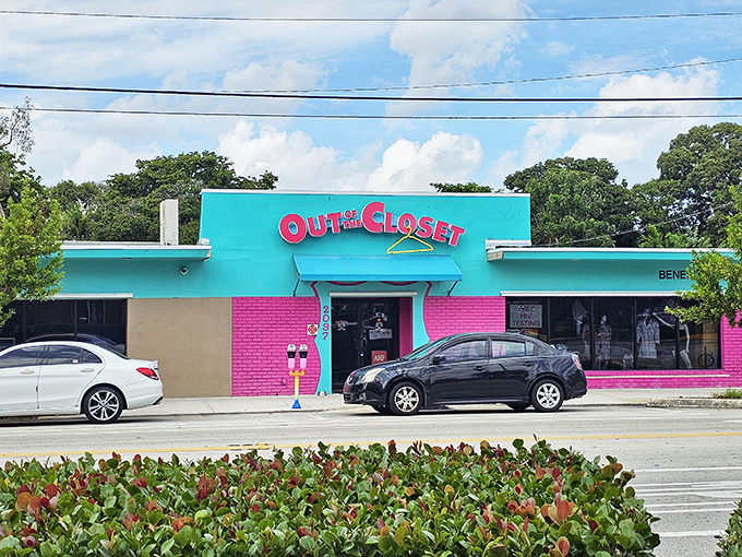 With its vibrant Miami-inspired color scheme, this thrift store stands out on the street like a cheerful invitation to treasure hunters. 