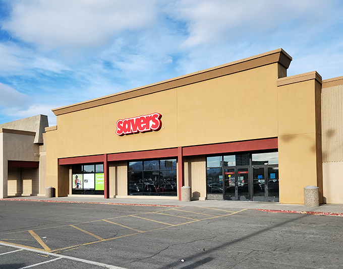 Under that bright desert sky, Savers stands ready for another day of thrift magic. The red sign beckons bargain hunters like a beacon of affordable possibility.