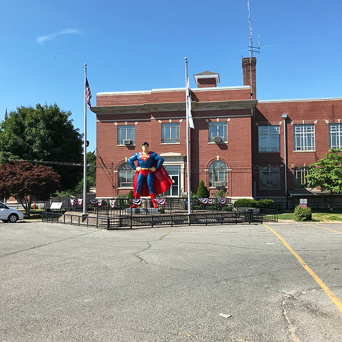 Even on cloudy days, the Man of Steel's vibrant colors pop against the brick courthouse backdrop. Truth, justice, and the American way indeed.