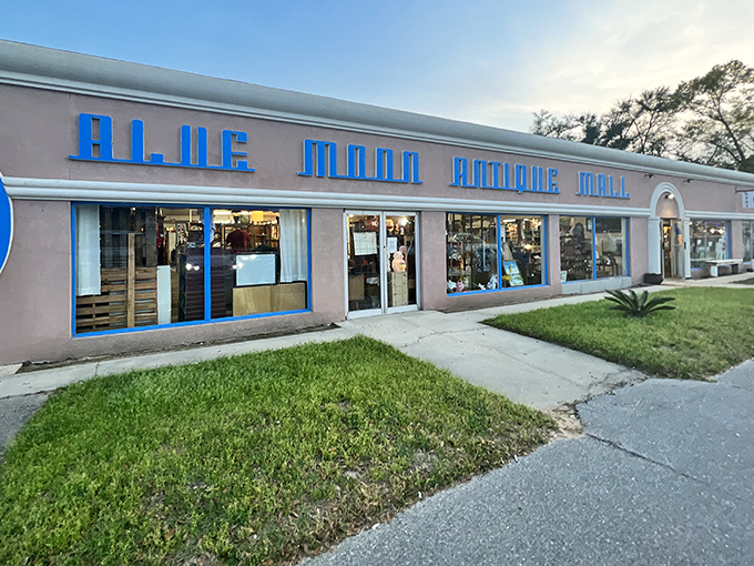 The exterior's bright blue lettering serves as a beacon for treasure hunters, promising adventures in nostalgia just beyond those glass doors.