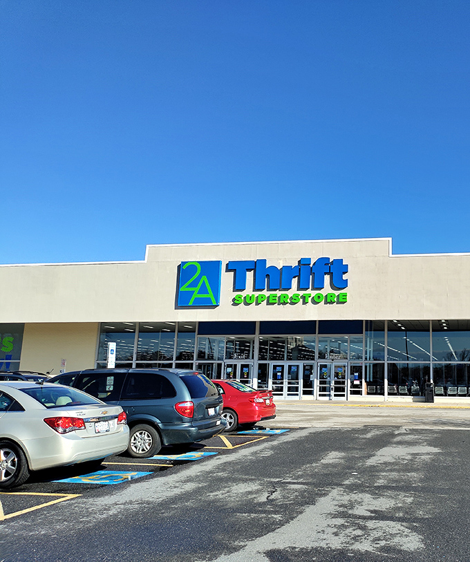 Blue skies and bigger bargains. The 2nd Ave Thrift Superstore sign beckons to savvy shoppers like a lighthouse to ships lost in a sea of retail markup.