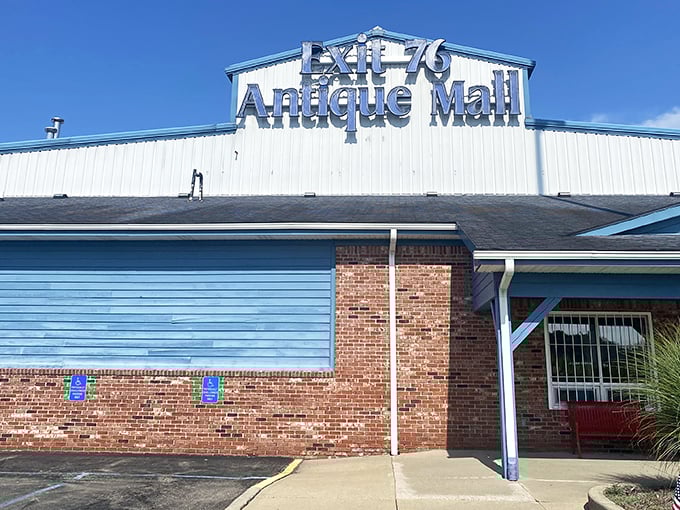 Blue trim and bold signage welcome treasure hunters to this Hoosier haven of nostalgia. The journey through time begins at this doorway.