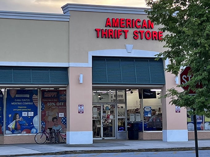 Bicycle parked outside suggests the smartest shoppers arrive ready to pedal home with their oversized finds. The thrifter's equivalent of bringing a bigger boat.