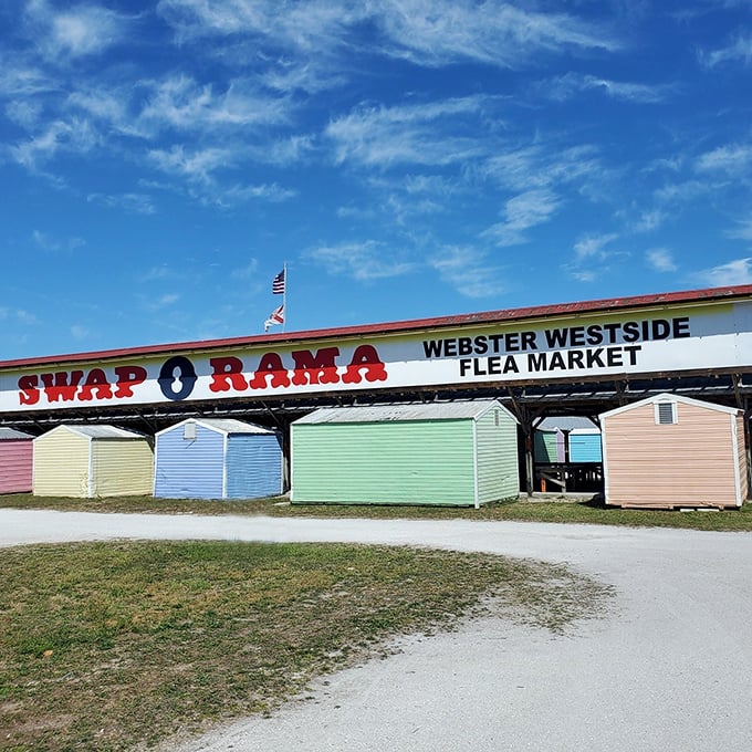 Florida's brilliant blue skies provide the perfect backdrop for Swap-O-Rama's cheerful, candy-colored vendor booths. Even the clouds seem to pause for a shopping break.