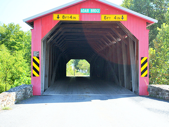 The welcoming mouth of history! At 8 feet 4 inches clearance, Adair Bridge invites you in while politely suggesting oversized vehicles find another route.
