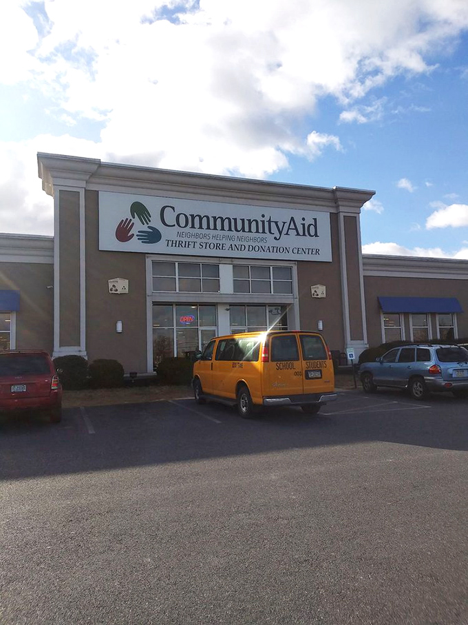 Blue skies and bargains await! CommunityAid's welcoming facade promises adventures in thrifting that could fill an entire afternoon.