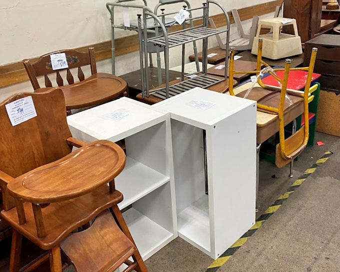 Wooden high chairs meet modern shelving units in this furniture lineup. One person's decluttering is another's perfectly priced home makeover.