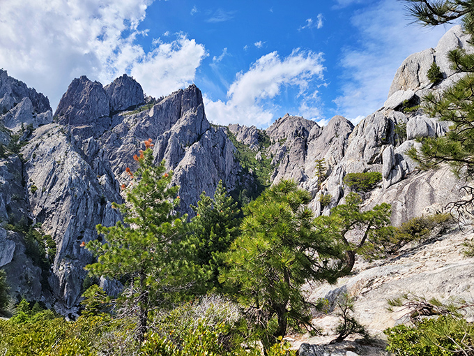 Jagged spires pierce through fluffy clouds like Earth's own crown jewels. The granite formations create a natural cathedral that makes even atheists whisper in reverence.