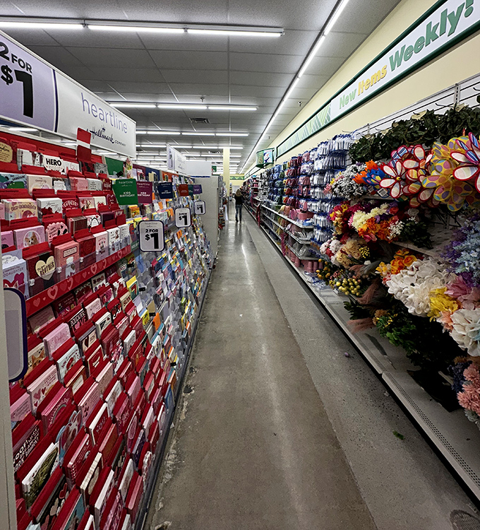 A kaleidoscope of greeting cards and artificial blooms creates a budget-friendly wonderland where sentiments and decorations meet at the magical price point.