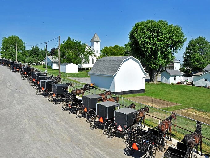 Sunday parking in Mount Hope looks a little different. The lineup of buggies outside church reminds us that some traditions are worth preserving in our fast-paced world.