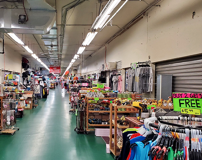 Green floors guide you through this retail labyrinth like a bargain hunter's Yellow Brick Road. The journey is half the fun.