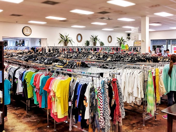 A rainbow of possibilities stretches before you. This isn't just clothing&mdash;it's a textile time machine spanning decades of fashion history.