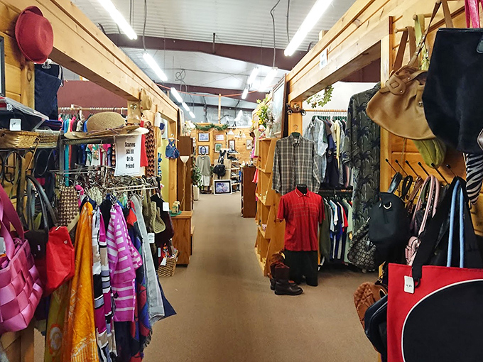 Colorful clothing corridors beckon shoppers to explore, each rack a potential goldmine of fashion finds that whisper, "Take me home!"