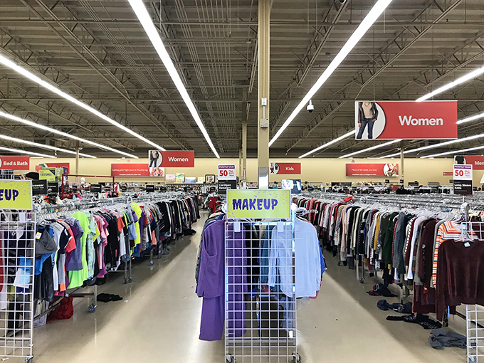 Endless racks of possibility stretch before you like a fashion frontier. The "Women" and "Makeup" signs serve as your thrifting compass.
