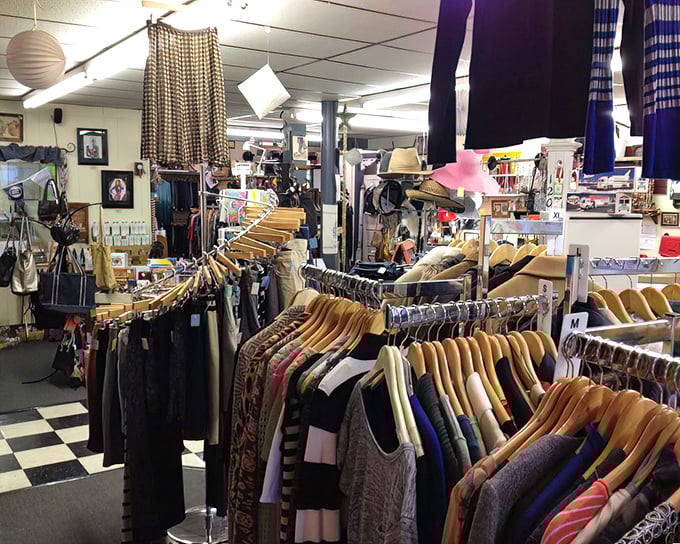 Racks upon racks of carefully organized clothing create a thrifter's paradise where every aisle holds potential for discovery.
