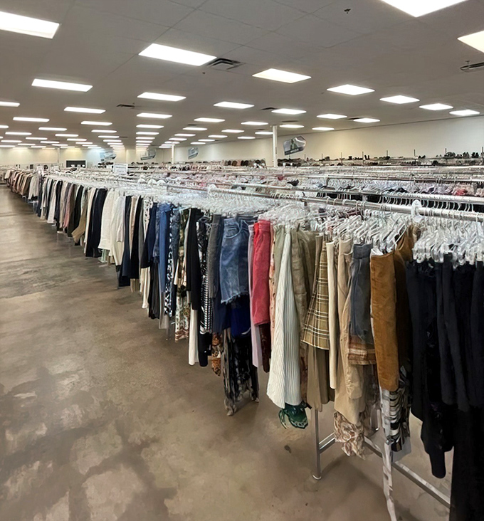 Endless rows of clothing stretch toward the horizon, a textile galaxy where fashion from every decade awaits rediscovery.