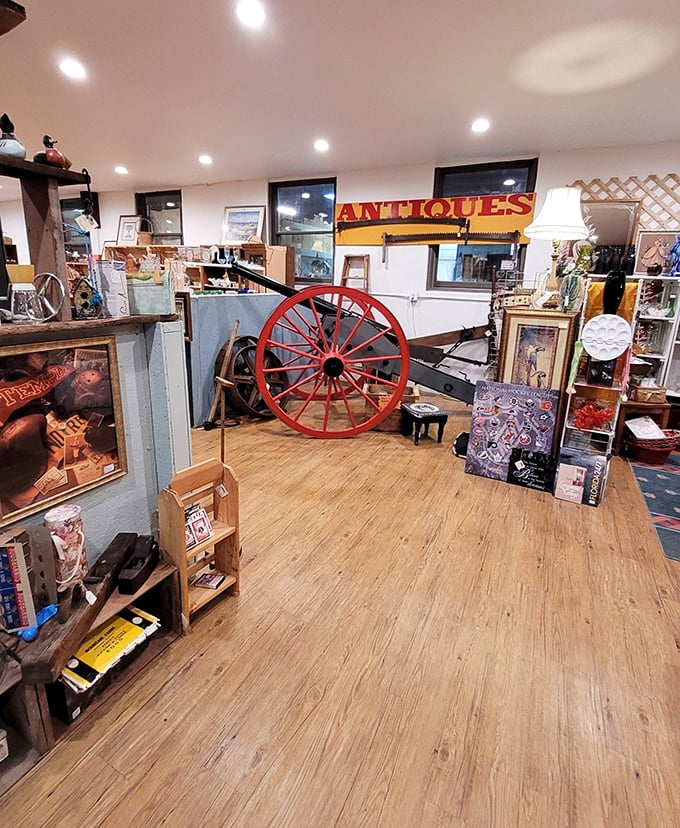 Step inside and immediately face the delightful dilemma of where to look first. That red wagon wheel isn't just decoration—it's someone's future conversation piece.