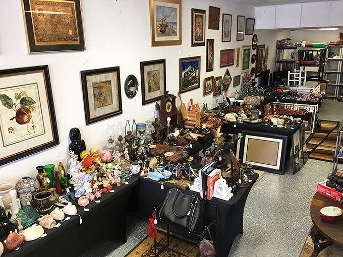 Wall-to-wall wonders await inside, where framed art meets figurines in a delightful jumble that would make Marie Kondo both horrified and fascinated.