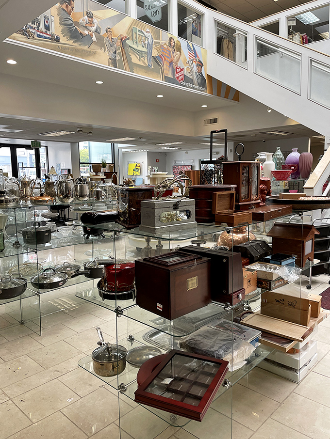 The interior's soaring ceiling and mezzanine level create an unexpectedly grand space where vintage treasures await discovery around every corner.