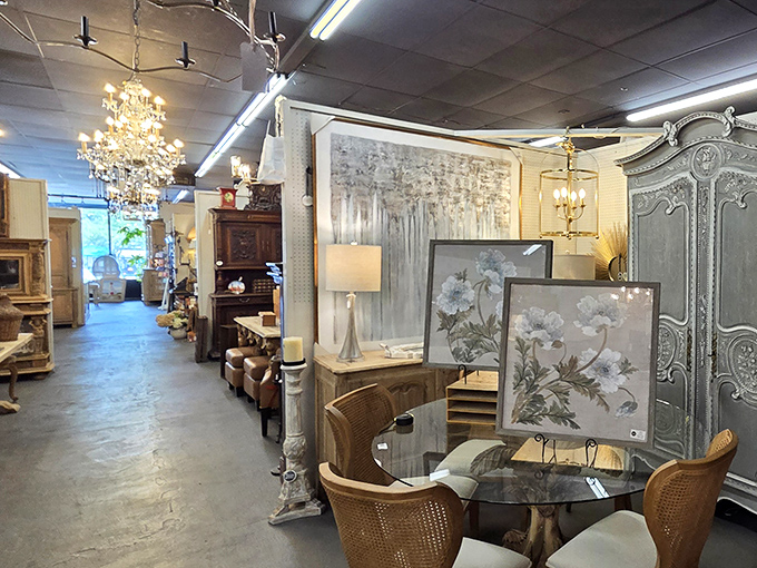 Crystal chandeliers casting prismatic light across carefully curated vignettes. Time travel doesn't require a DeLorean when you step into this wonderland.